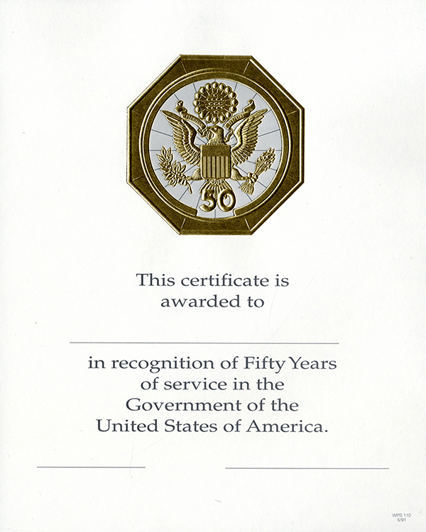 Career Service Award Certificate WPS 110-A 50 Year Gold 8 1/2 X 11 | U ...